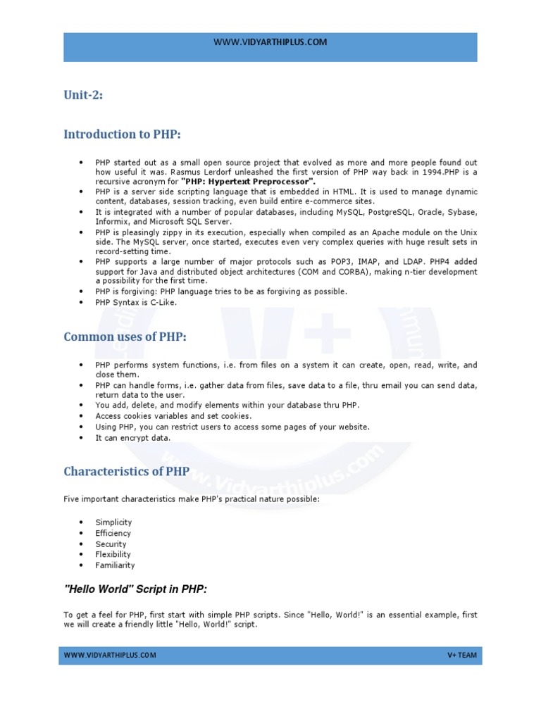 Unit 2 Introduction To Php Hello World Script In Php Pdf Java 9994
