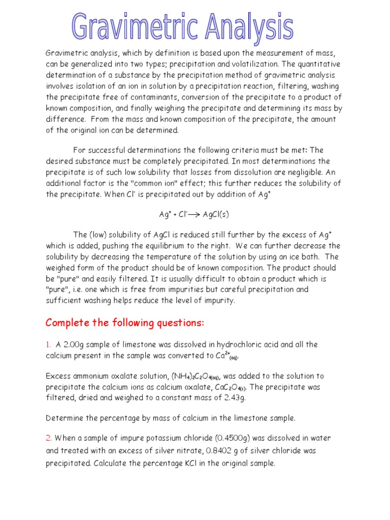Gravimetric Analysis Worksheet | PDF | Precipitation (Chemistry ...
