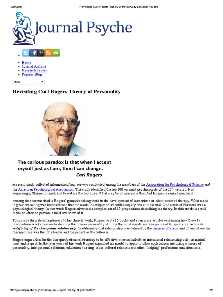 Revisiting Carl Rogers Theory of Personality - Journal Psyche | PDF ...