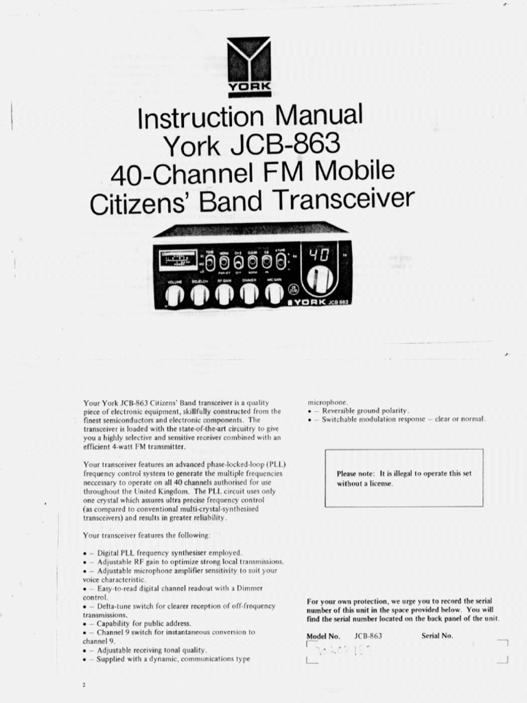 York JCB863 User Manual UK CB Radio 27 81 FM | PDF