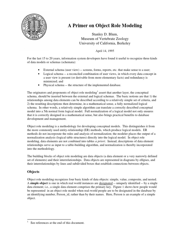 A Primer On Object Role Modeling: Stanley D. Blum, Museum of Vertebrate Zoology University of ...