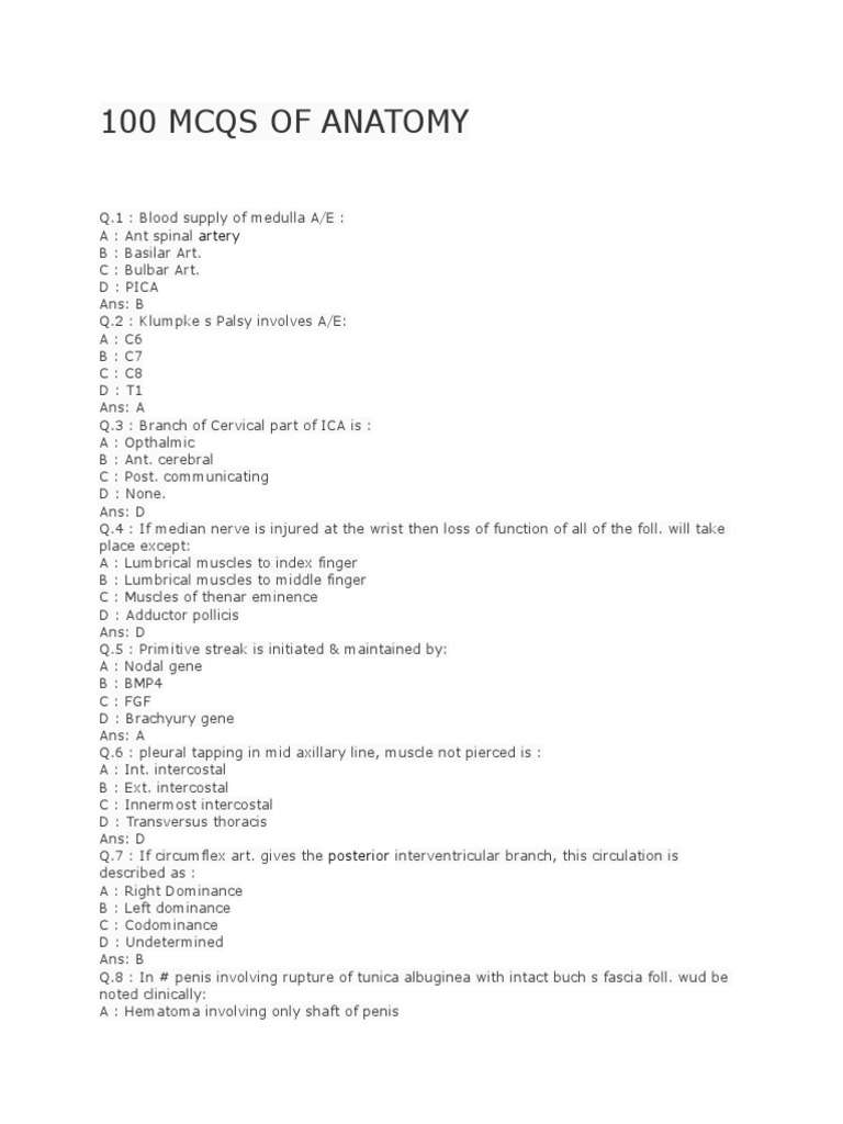 100 Mcqs of Anatomy | PDF | Pancreas | Lymphatic System
