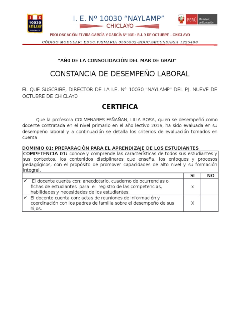 Modelo De Certificado De Desempeño Sobresaliente