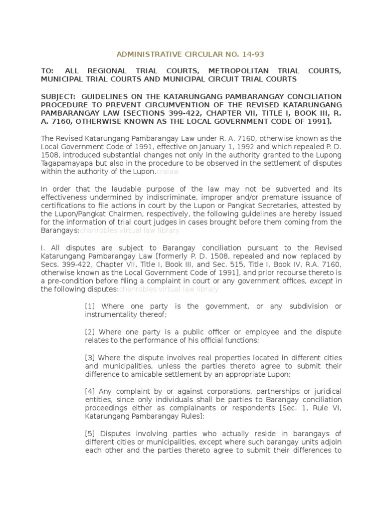 Administrative Circular No. 14-93 | Mediation | Complaint