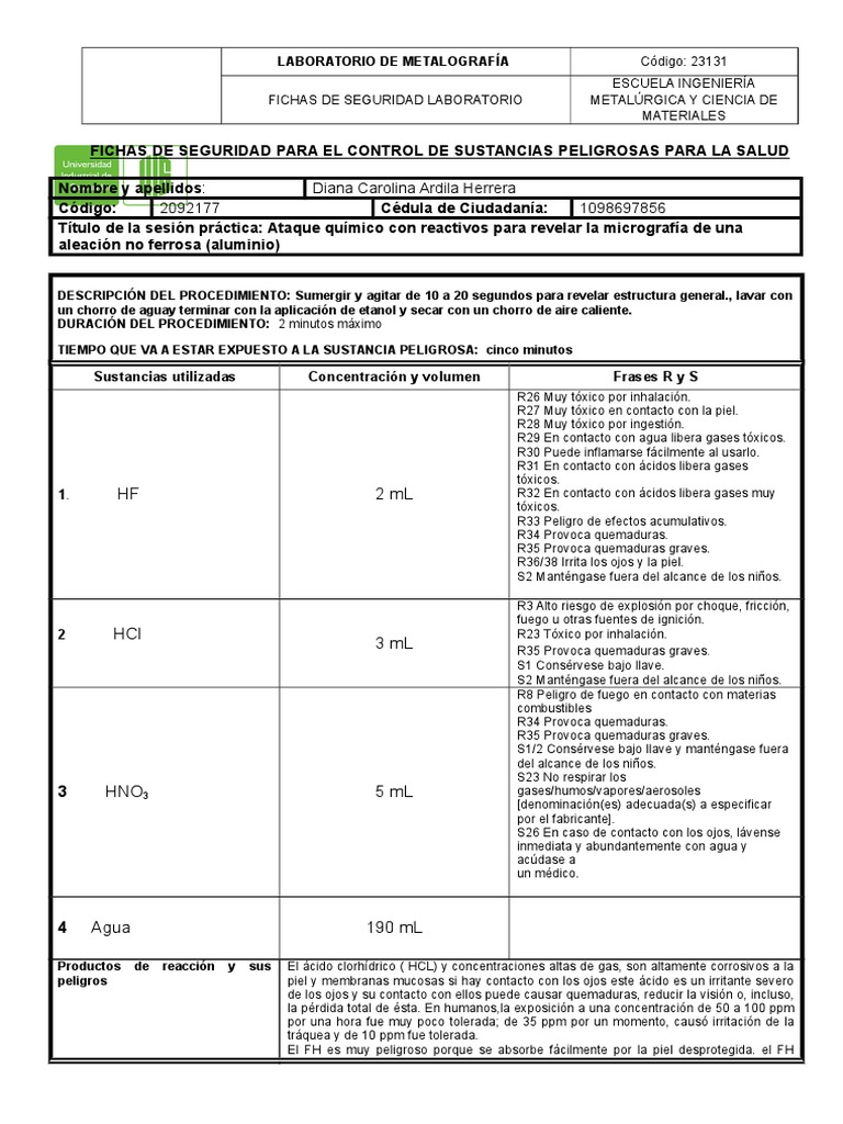 Plantilla Fichas de Seguridad | PDF | Ácido clorhídrico | Quemar