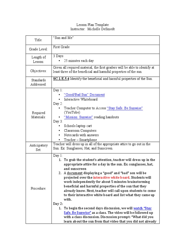 Sun and Me Lesson Plan | PDF | English As A Second Or Foreign Language ...