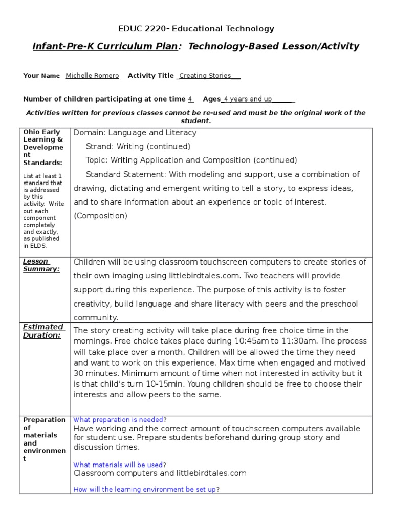 Infant-Pre-K Curriculum Plan: Technology-Based Lesson/Activity | PDF ...