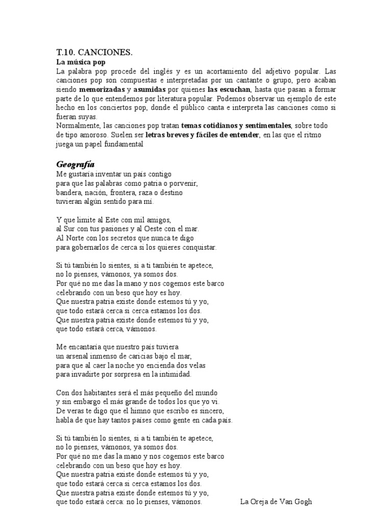 T.10 CANCIONES Geografía Oreja Van Gogh | PDF | Música pop ...