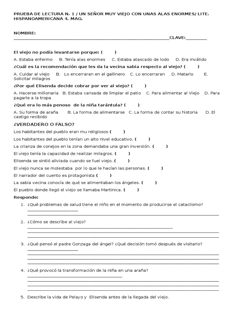 Prueba de Lectura Un Señor Muy Viejo Con Unas Alas Enormes | PDF