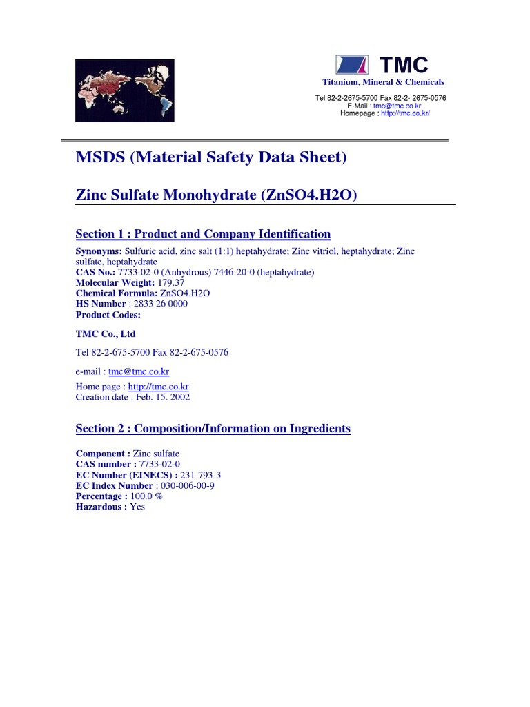MSDS ZnSO4 | PDF | Hypothermia | Personal Protective Equipment