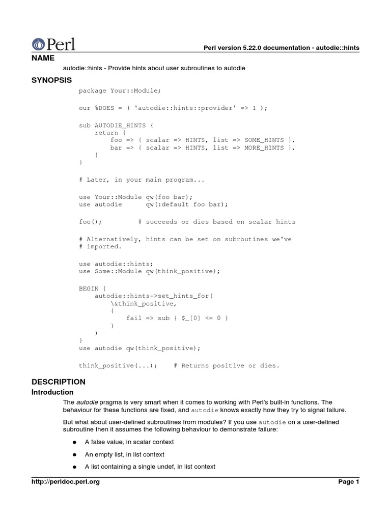 Perl Version 5.22.0 Documentation - Autodie::hints | PDF | Perl | Programming Paradigms
