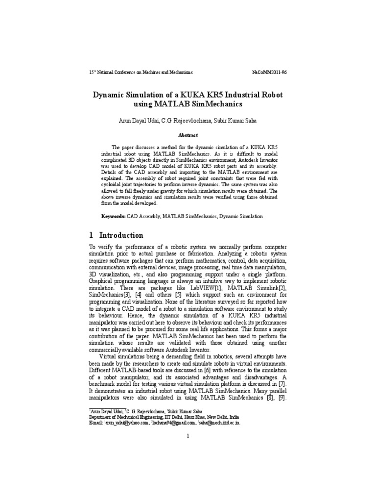 Dynamic Simulation of A KUKA KR5 Industrial Robot Using MATLAB SimMechanics | Download Free PDF ...
