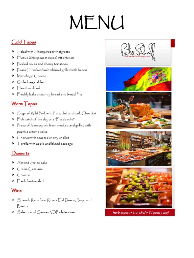 Tapas Menu | PDF | Cooking, Food & Wine