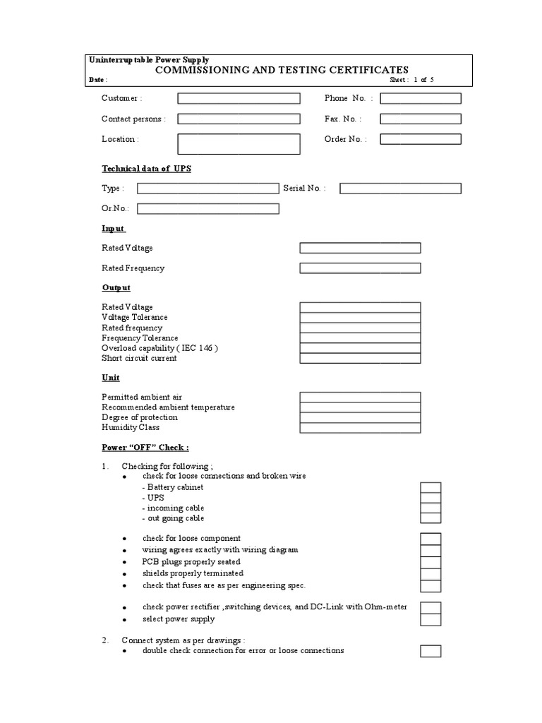 CTC - Commissioning Certificate UPS | Power Inverter | Power Supply