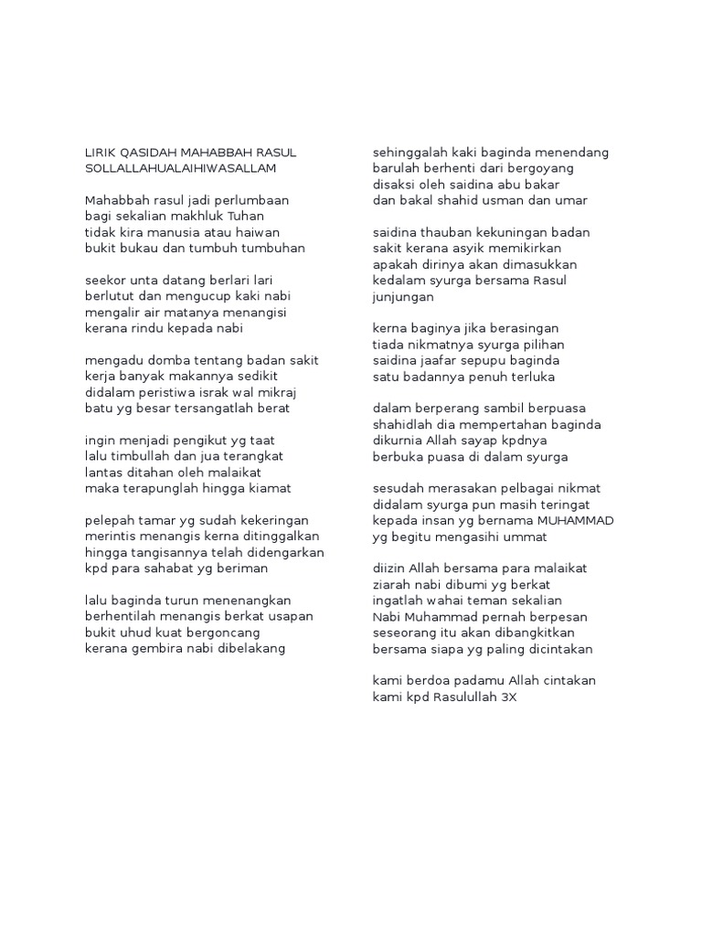 Lirik Penuh Qasidah Mahabbah Rasul | PDF | Agama & Spiritualitas