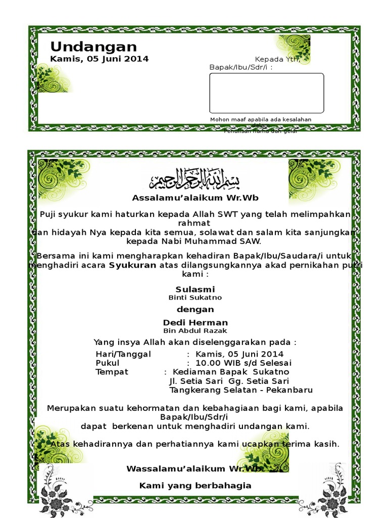 Contoh Surat Undangan Syukuran Pernikahan Atau Akad Nikah | PDF