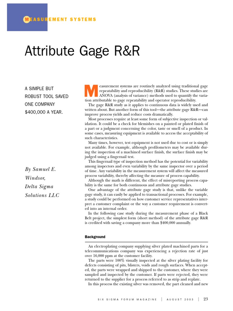 Attribute Gage R&R: Easurement Systems | PDF | Analysis Of Variance ...