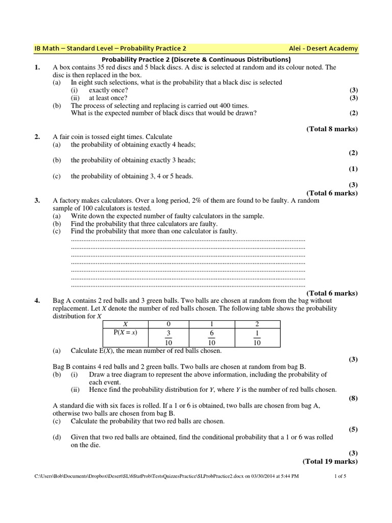 SL Prob Practice 2 | PDF | Normal Distribution | Mean