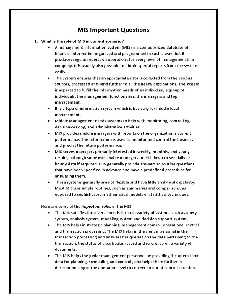 MIS Important Questions | PDF | Relational Database | Databases