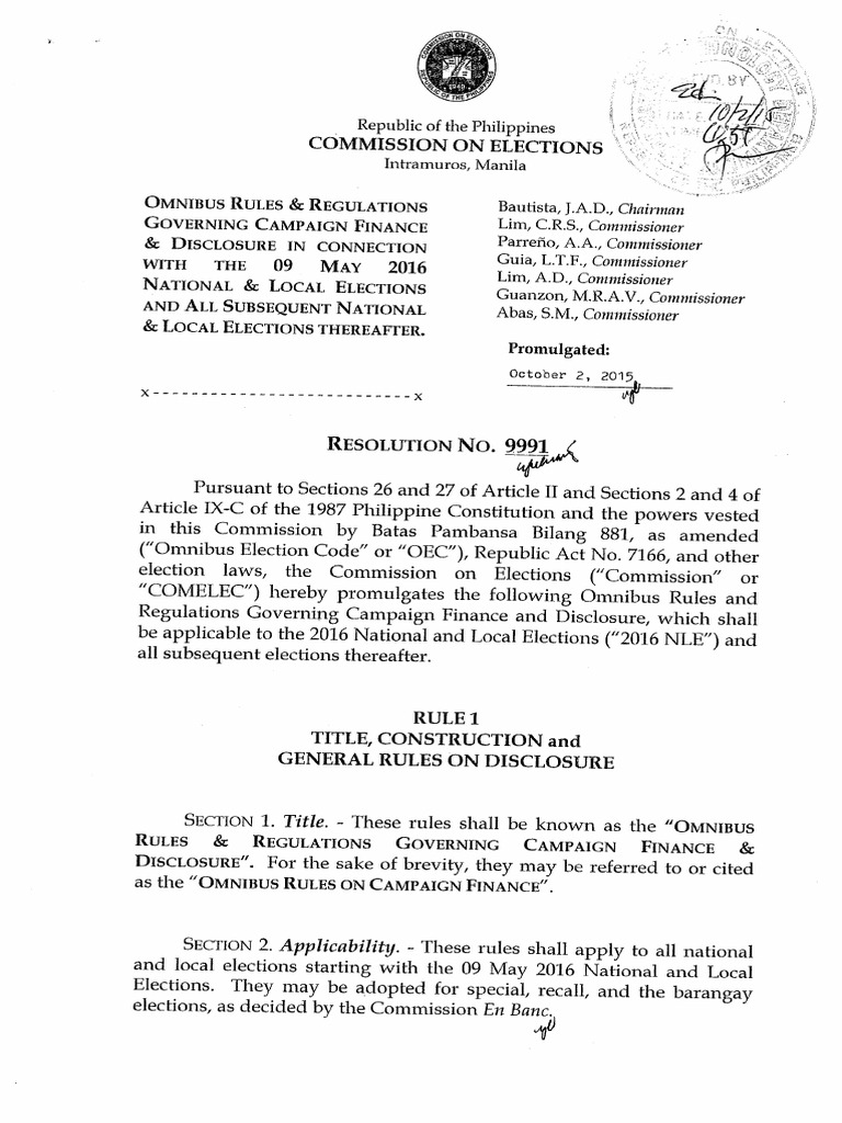 Comelec Resolution No. 9991 | PDF