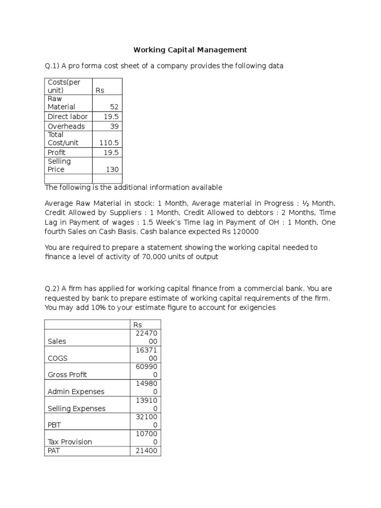 Working Capital Questions | Working Capital | Expense