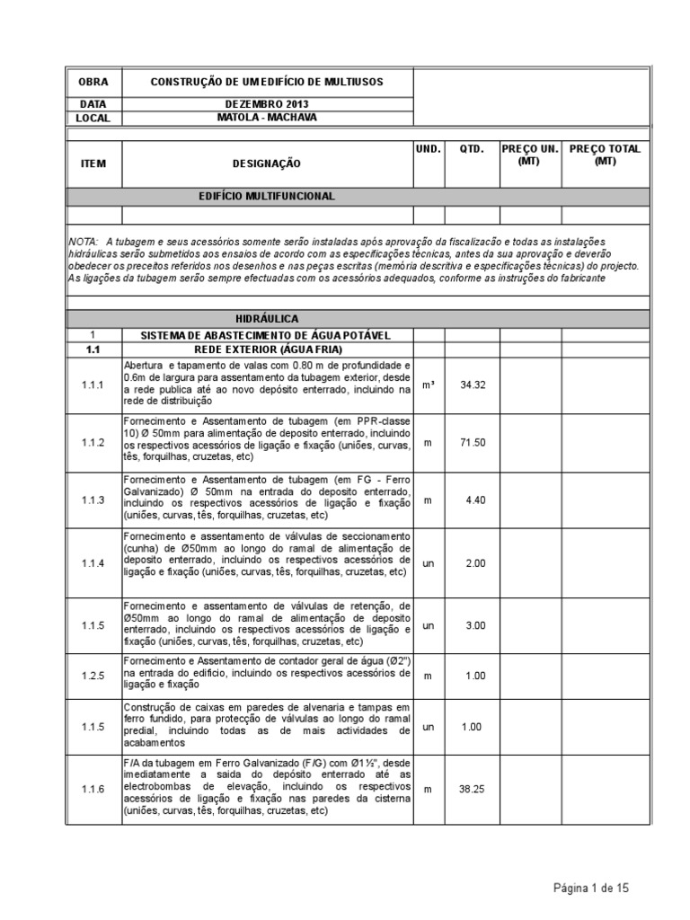 Mapa de Quantidades | PDF | Tanque séptico | Hidrologia