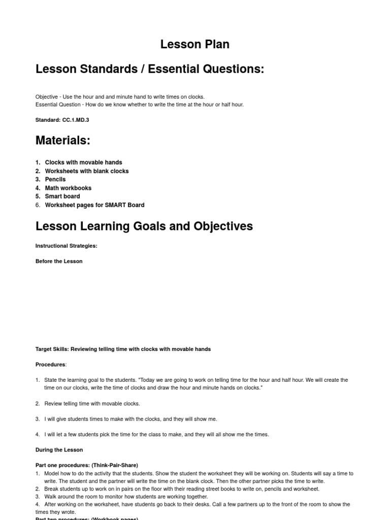 Telling Time Lesson Plan U | PDF | Lesson Plan | Quality Of Life