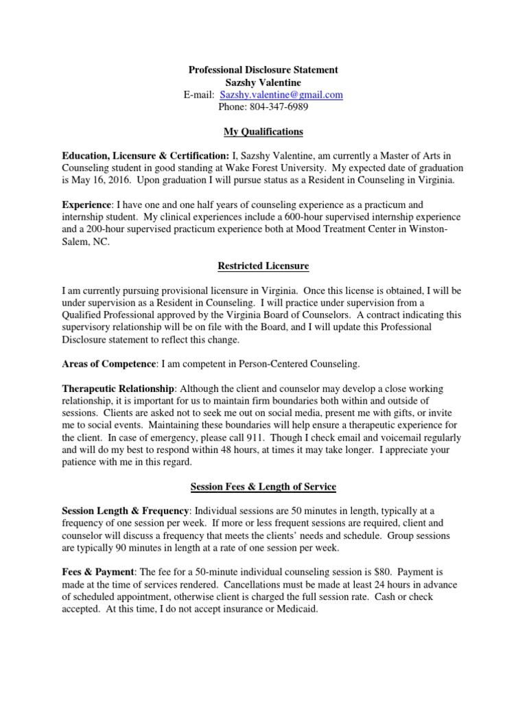 Professional Disclosure Statement S Valentine | PDF | Confidentiality ...