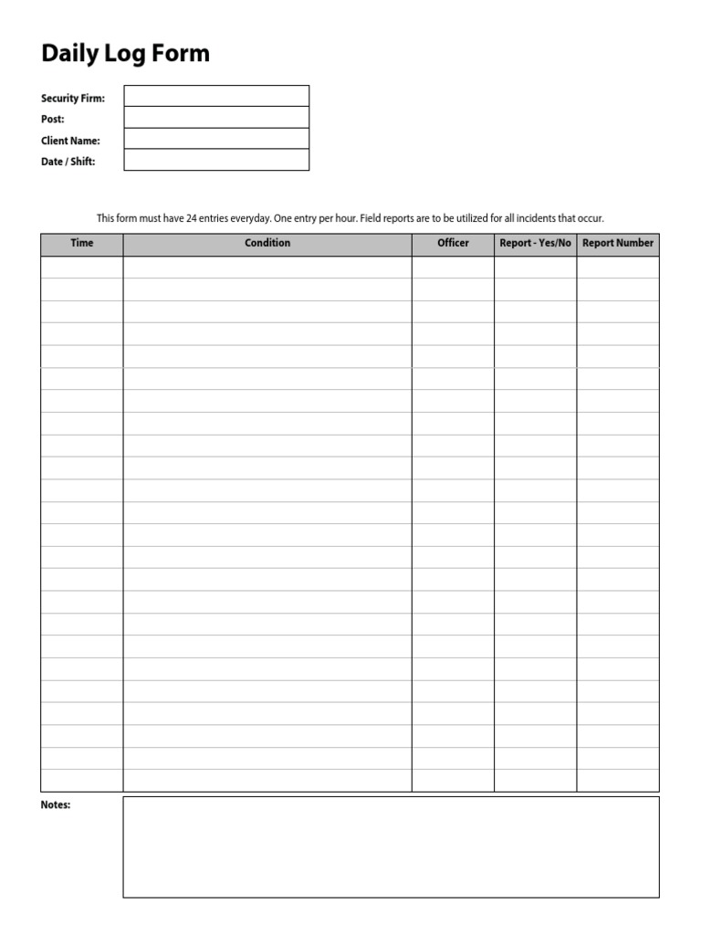 Daily Log Form - Security Guard Use | PDF