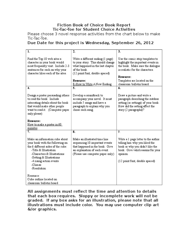 Realistic Fiction Tic Tac Toe Board With Rubric | PDF | Books | Writing