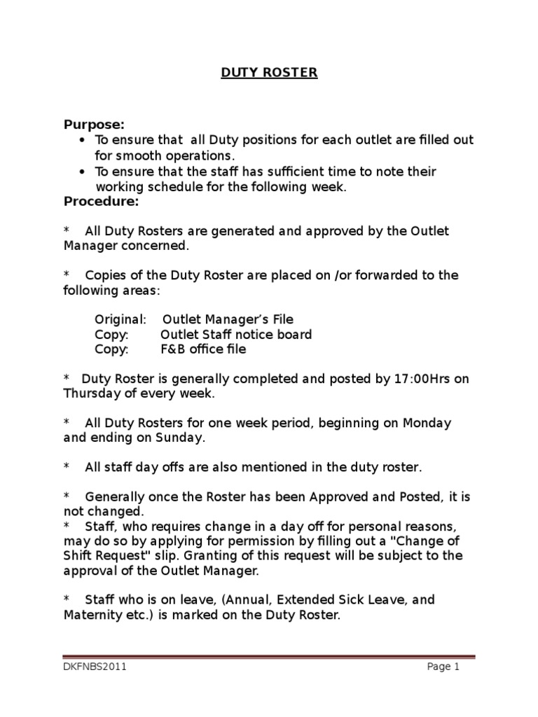 Duty Roster | Full Time | Government