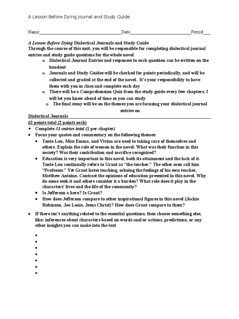 A Lesson Before Dying Dialectical Journal and Study Guide | PDF