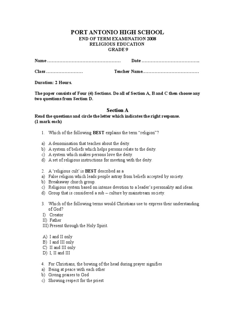 Grade 9 Religious Education Exam 2008 | PDF | Book Of Judges | Moses