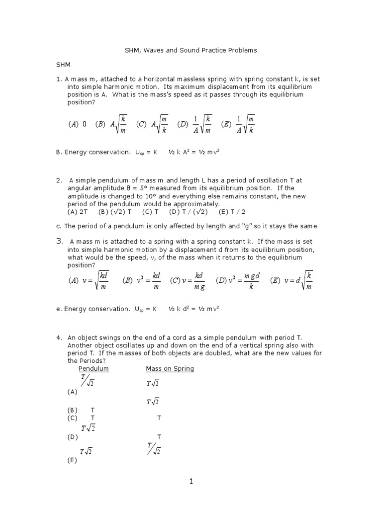 SHM - Wave - Sound Practice Key | PDF | Wavelength | Waves