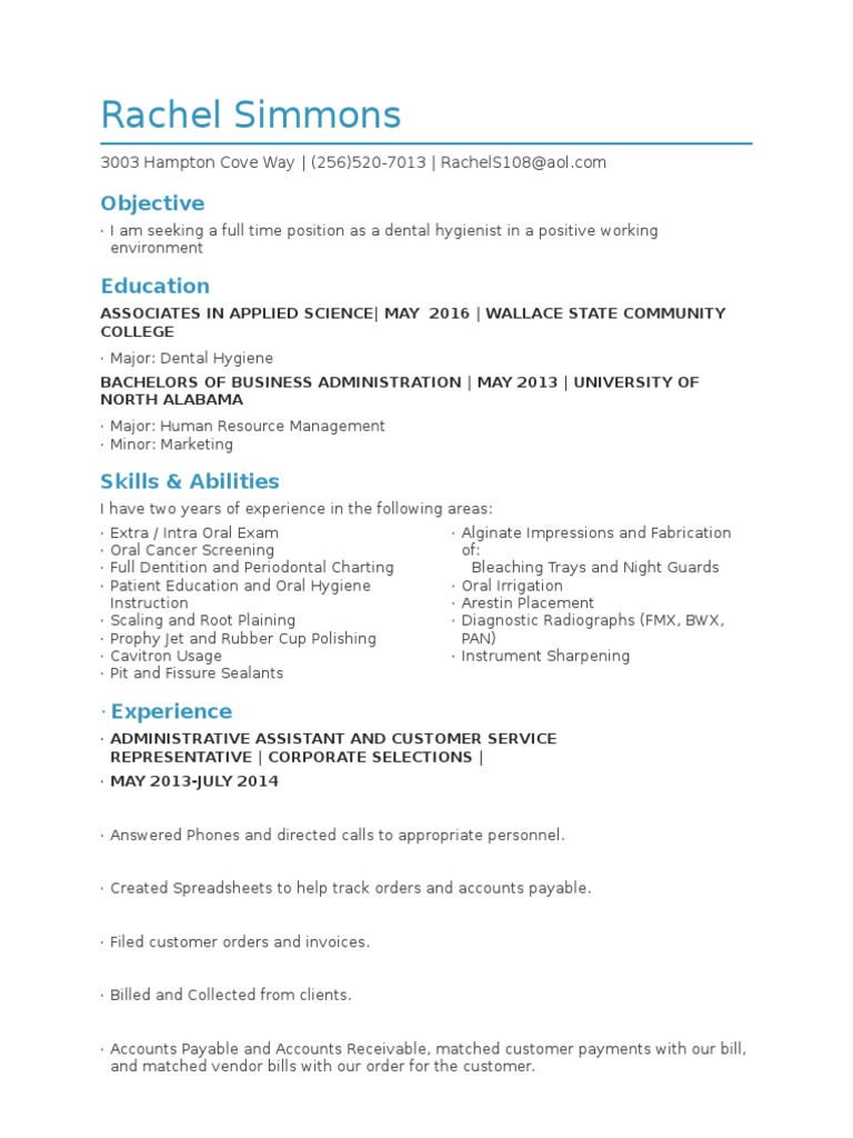 Dental Hygienist Resume of Rachel Simmons | PDF | Science & Mathematics