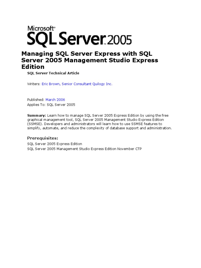 Managing SQL Server Express With SQL Server 2005 Management Studio Express Edition | PDF