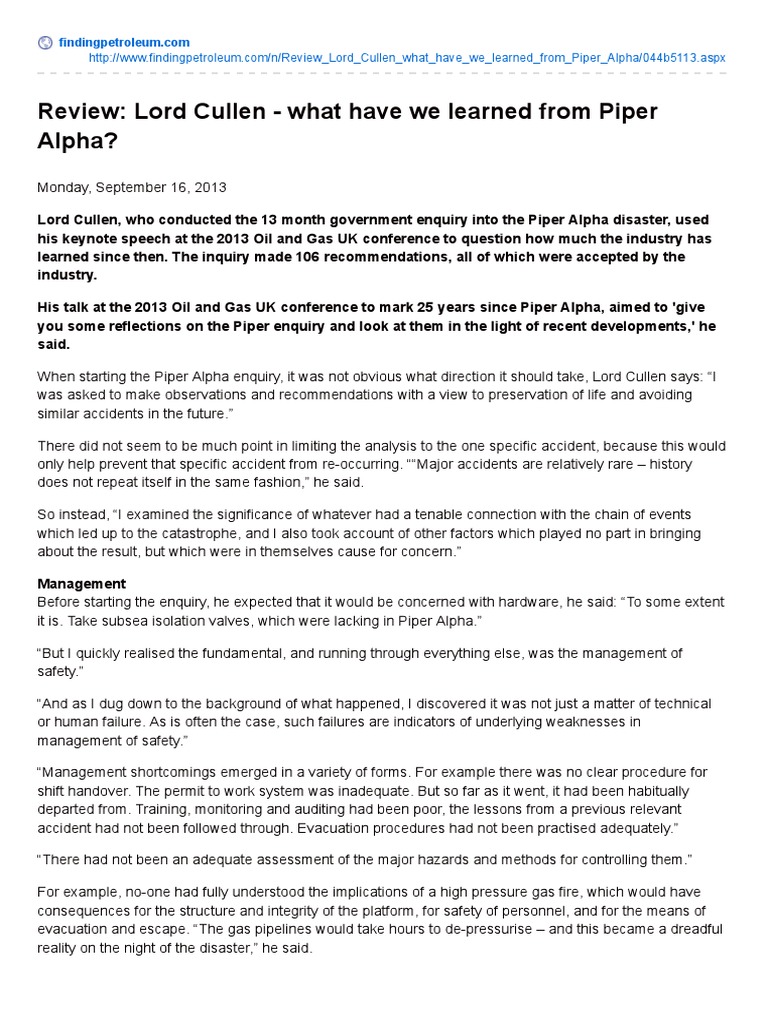 Lord Cullen: "What Have We Learned From Piper Alpha" | PDF | Bp | Safety