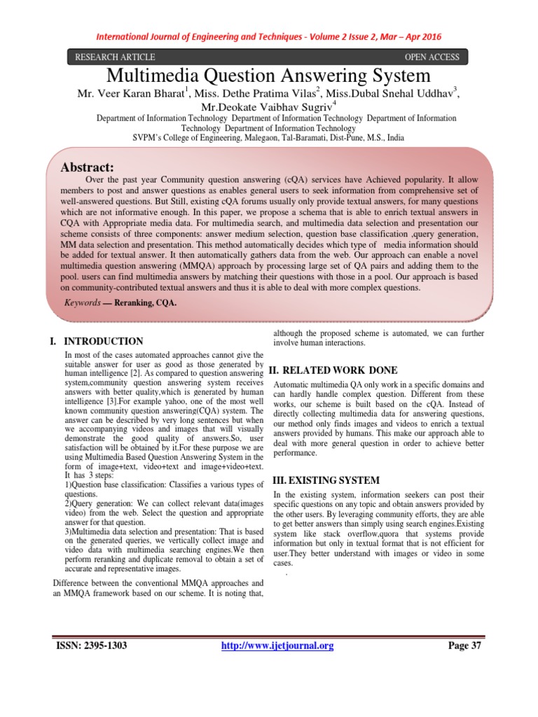 Multimedia Question Answering System: Abstract | PDF | Information ...