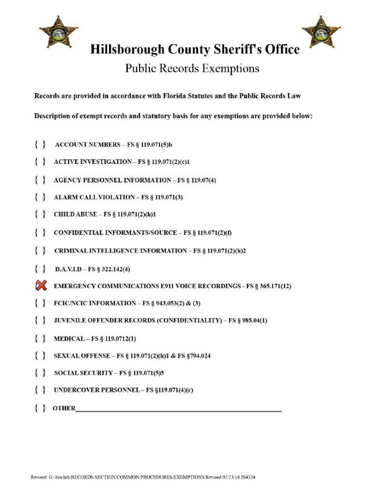 Hillsborough County Sheriff's Office Public Records Exemptions - 16 ...