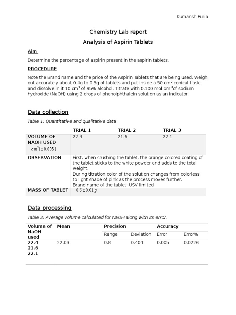 Chemistry Lab Report Aspirin | PDF | Sodium Hydroxide | Mole (Unit)