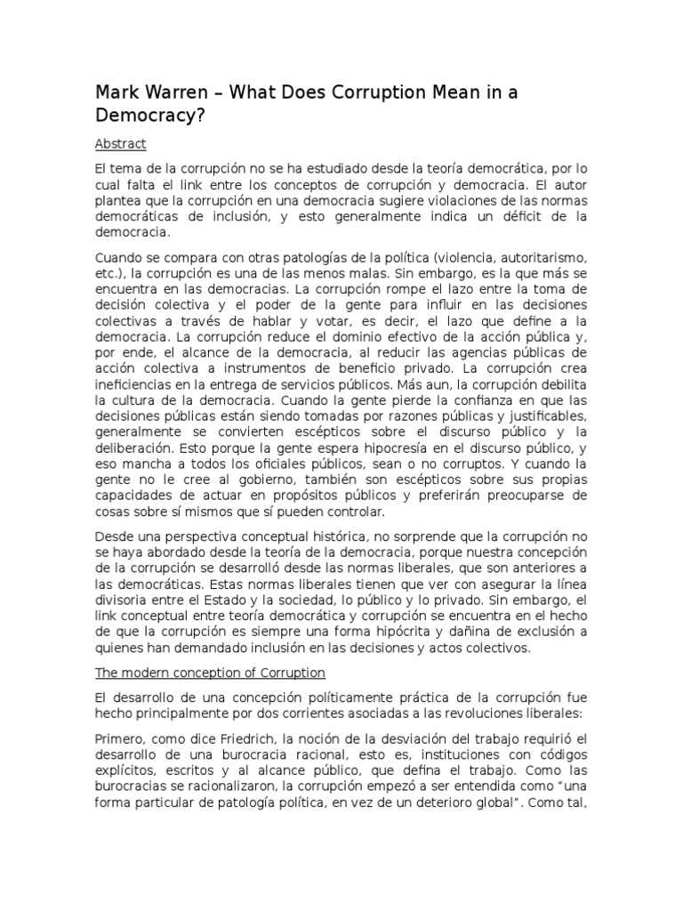 Mark Warren - What Does Corruption Mean in A Democracy | PDF ...