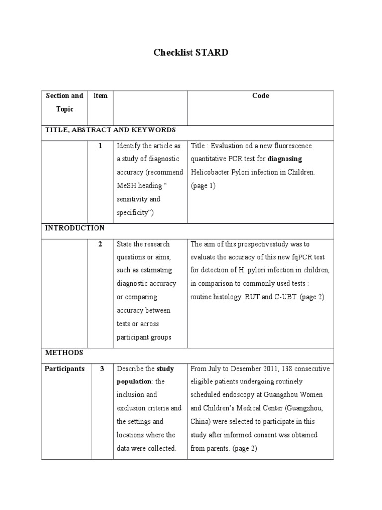 Checklist STARD Final | PDF | Medicine | Clinical Medicine