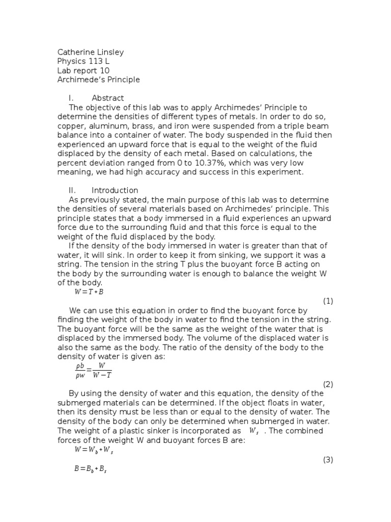 Physics Lab Report 10 | Buoyancy | Density