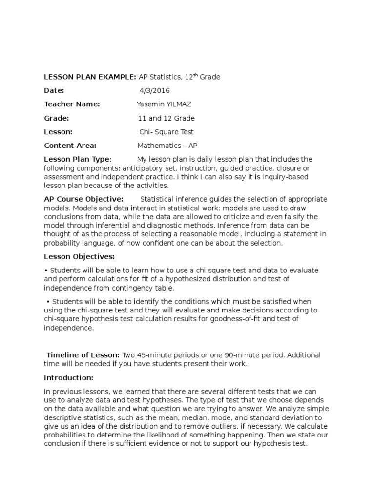 Chi-Square Test Lesson Plan | PDF | Chi Squared Distribution ...