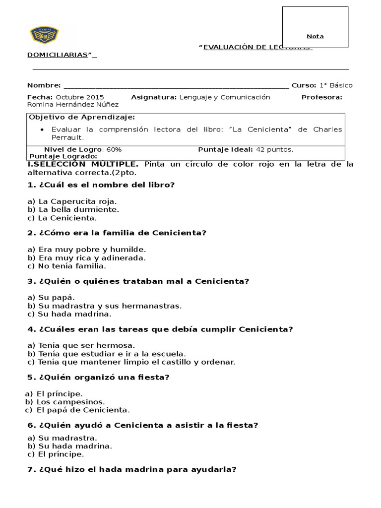 Prueba Comprensión Lectora 12 - Lenguaje1° | PDF