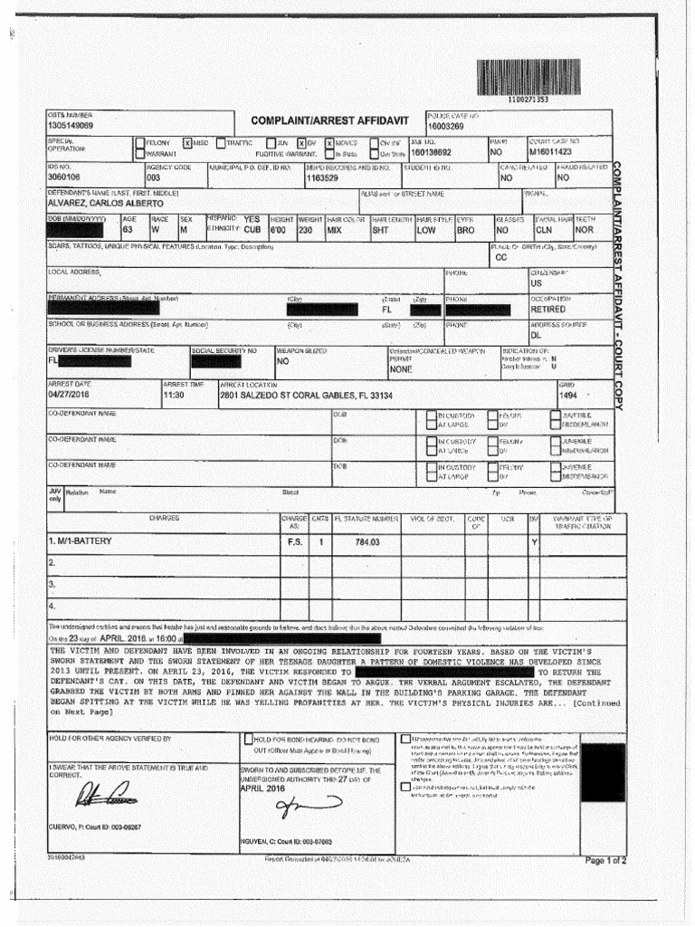 Carlos Alvarez Arrest Form (Coral Gables Police Department) | PDF