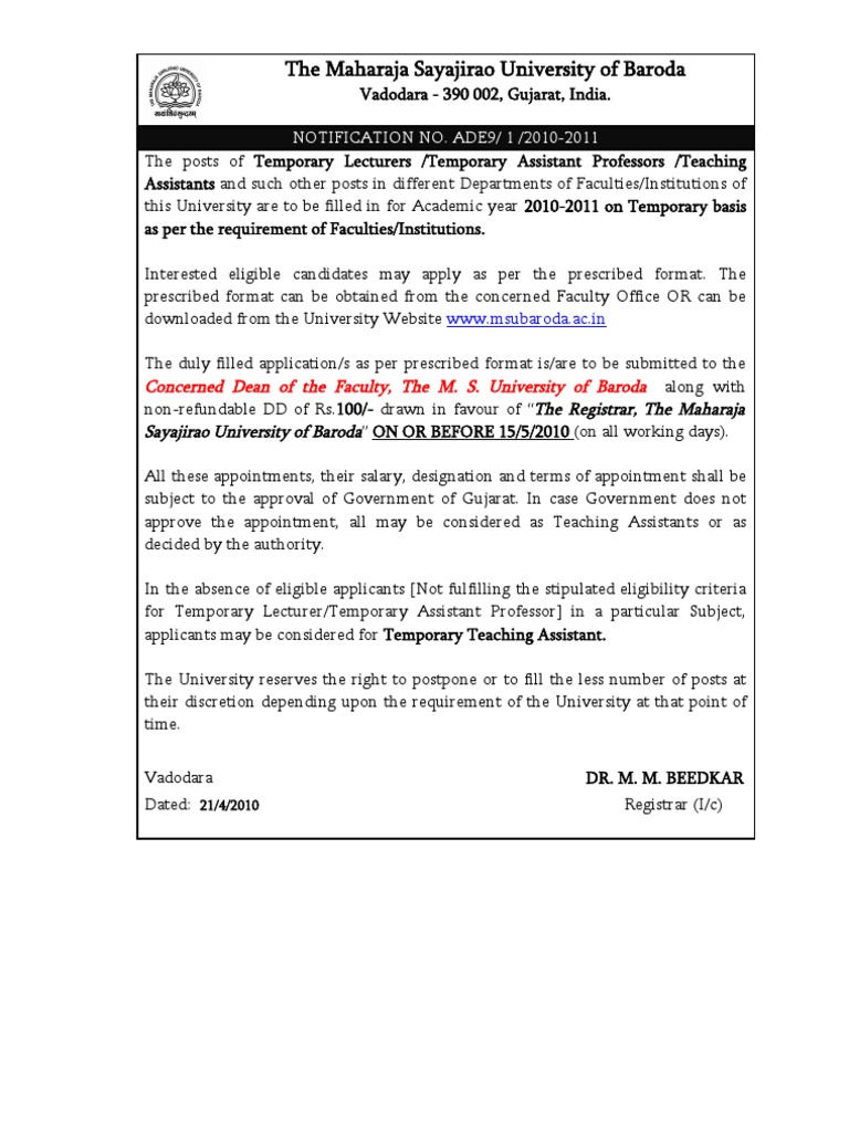 The Maharaja Sayajirao University of Baroda: NOTIFICATION NO. ADE9/ 1 / ...