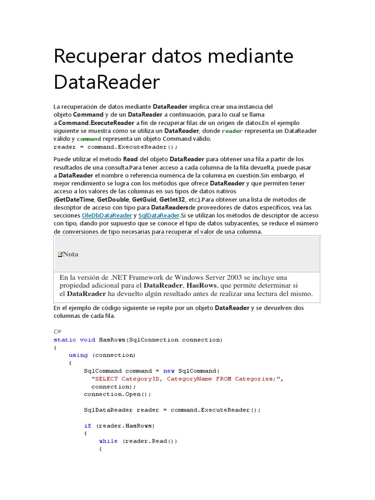 Recuperacion de Datos Mediante DataReader PDF | PDF | Almacenador intermediario de datos | C ...