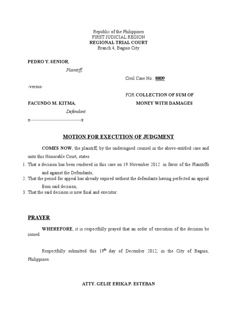 Motion For Execution of Judgment | PDF