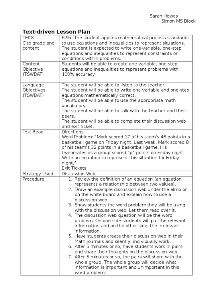 Text-Based Lesson Plan | PDF | Lesson Plan | Psychological Concepts